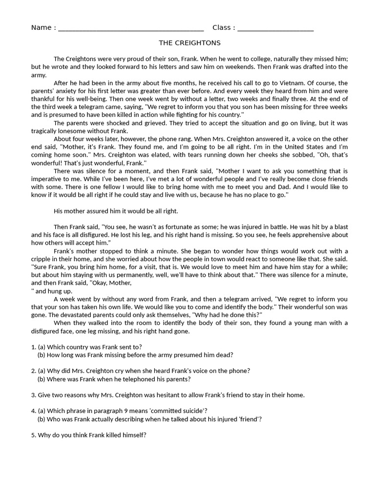 The GREIGHTONS... Compre... Open Ended... Exercise | PDF | Mystery ...