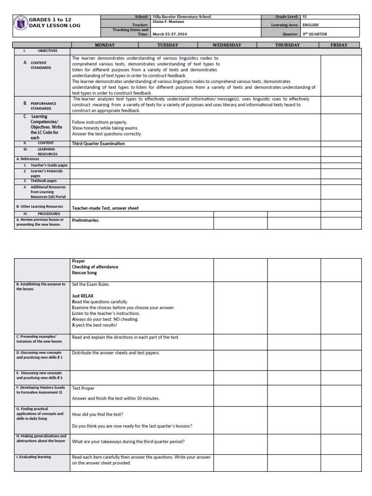 DLL - English 4 - Q3 - W8 | PDF | Teachers | Learning