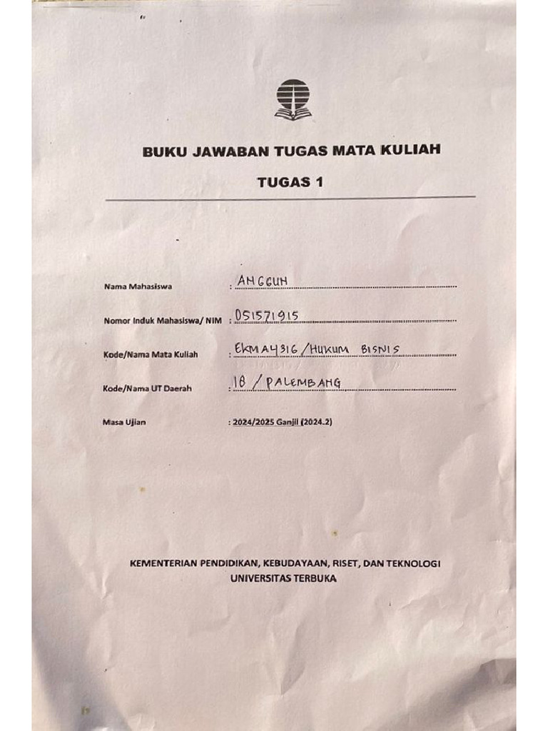 Tugas 1 TMK 1 Hukum Bisnis Ekma4316 Anggun - 051571915 | PDF Tugas 1 TMK 1 Hukum Bisnis Ekma4316 Anggun - 051571915 | PDF