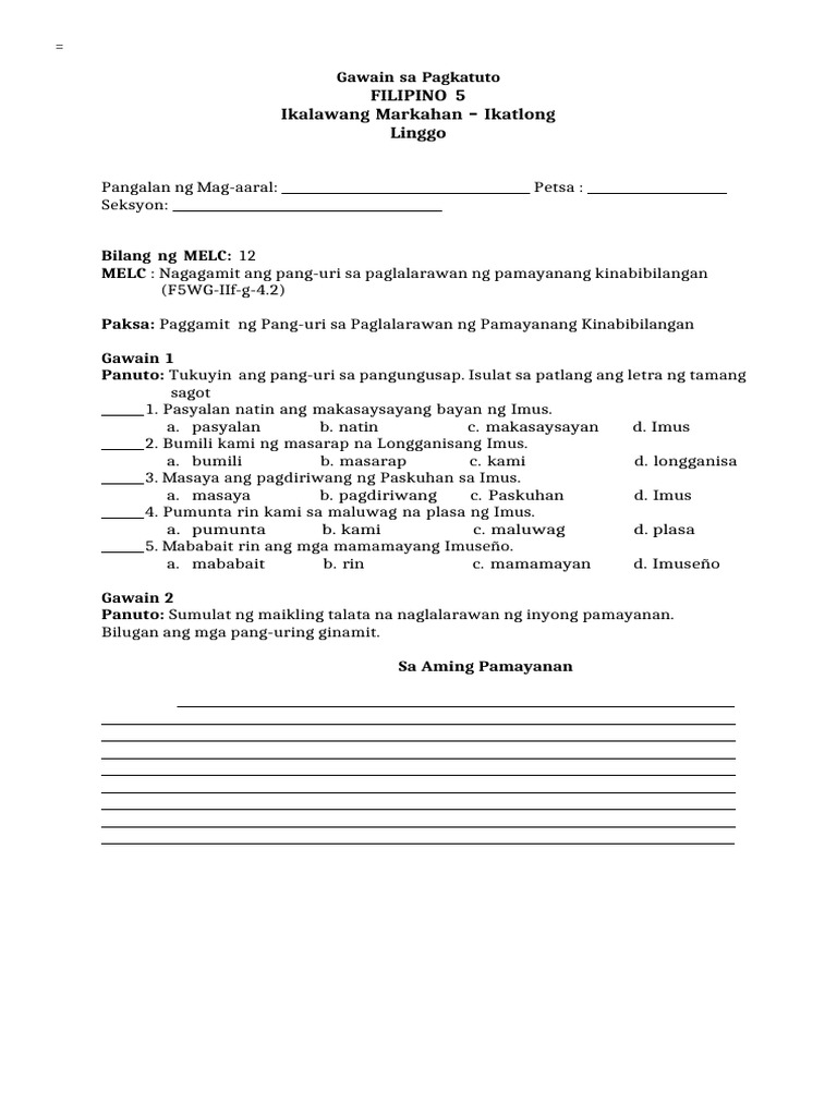 Filipino 5 Ikalawang Markahan Ikatlong Linggo: Gawain Sa Pagkatuto | PDF