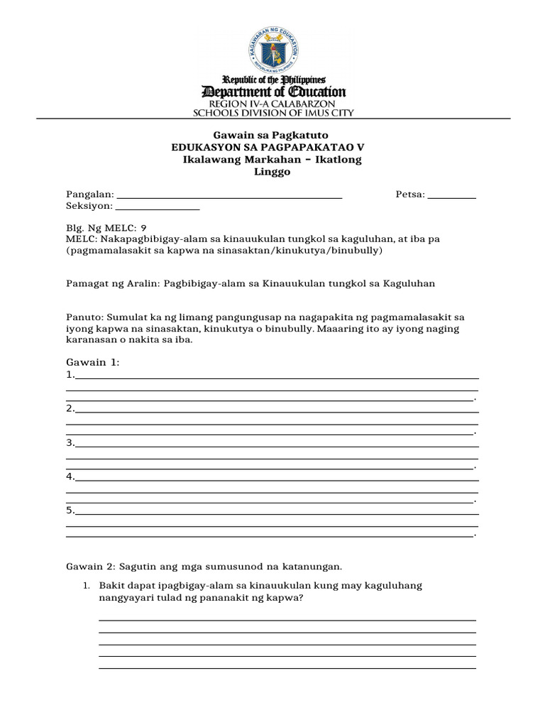 Gawain Sa Pagkatuto Edukasyon Sa Pagpapakatao V Ikalawang Markahan Ikatlong Linggo | PDF