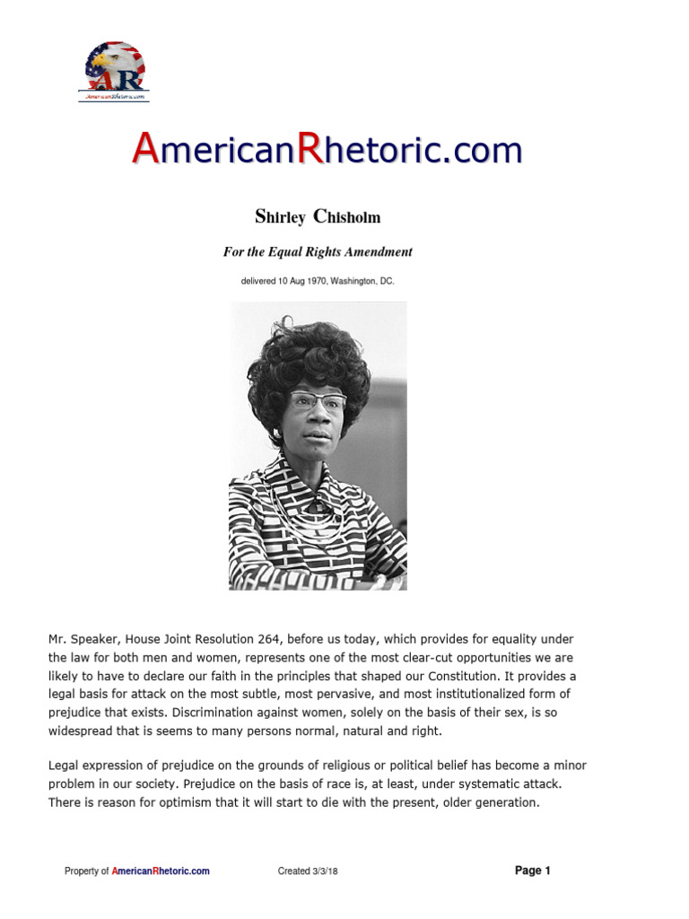 Shirley Chisholm - For The Equal Rights Amendment | PDF ...