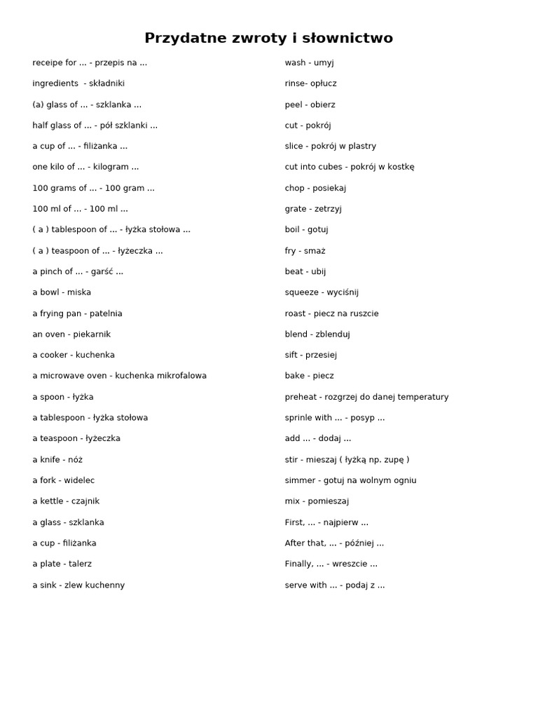 PRZEPIS Przydatne Zwroty I Słownictwo | PDF