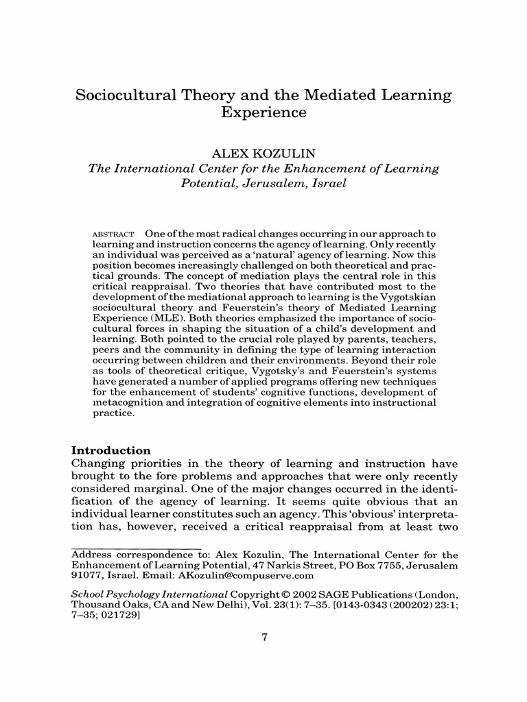 Kozulin 2002 Sociocultural Theory and The Mediated Learning Experience | PDF