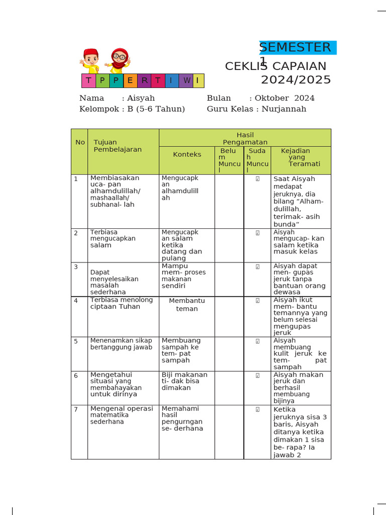 Ceklis Skala Capaian Paud | PDF
