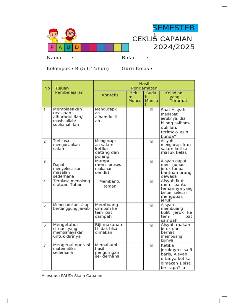 Ceklis Skala Capaian Paud | PDF