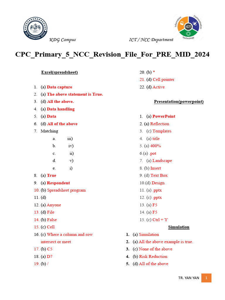 NCC Revision File for Primary 5 Excel | PDF