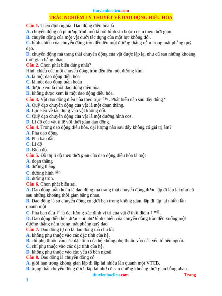 Trac Nghiem Ly Thuyet Dao Dong Dieu Hoa Vat Li 11 | PDF