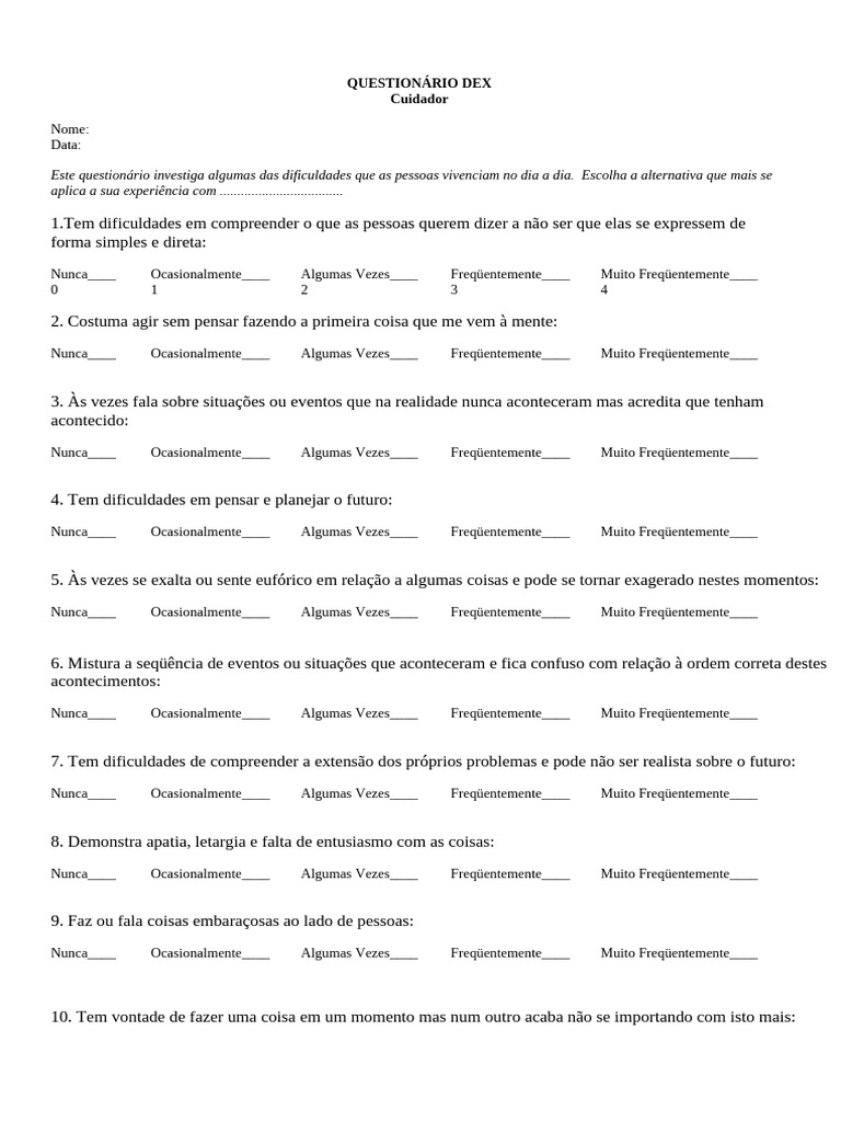 DEX Cuidador | PDF | Pensamento | Psicologia