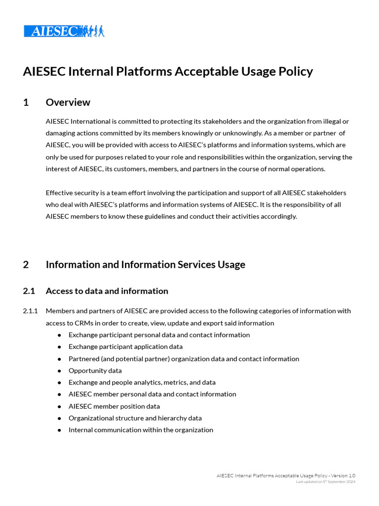 AIESEC Internal Platforms Acceptable Usage Policy | PDF | Information | Password