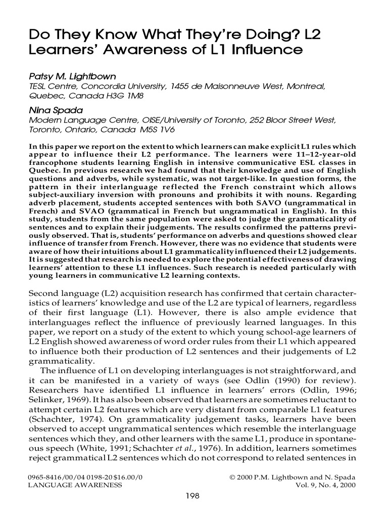 L1 Influence on L2 Awareness in Learners | PDF | Second Language ...