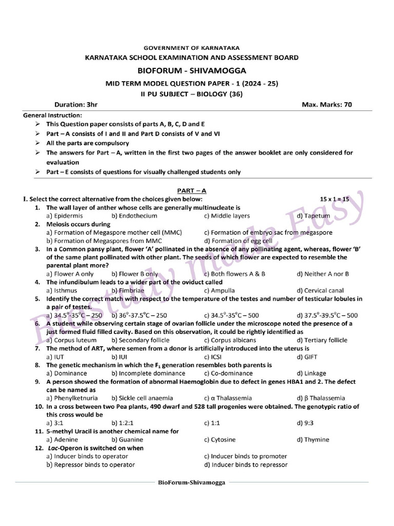 2PU Biology Midterm Model QP-2024 | PDF