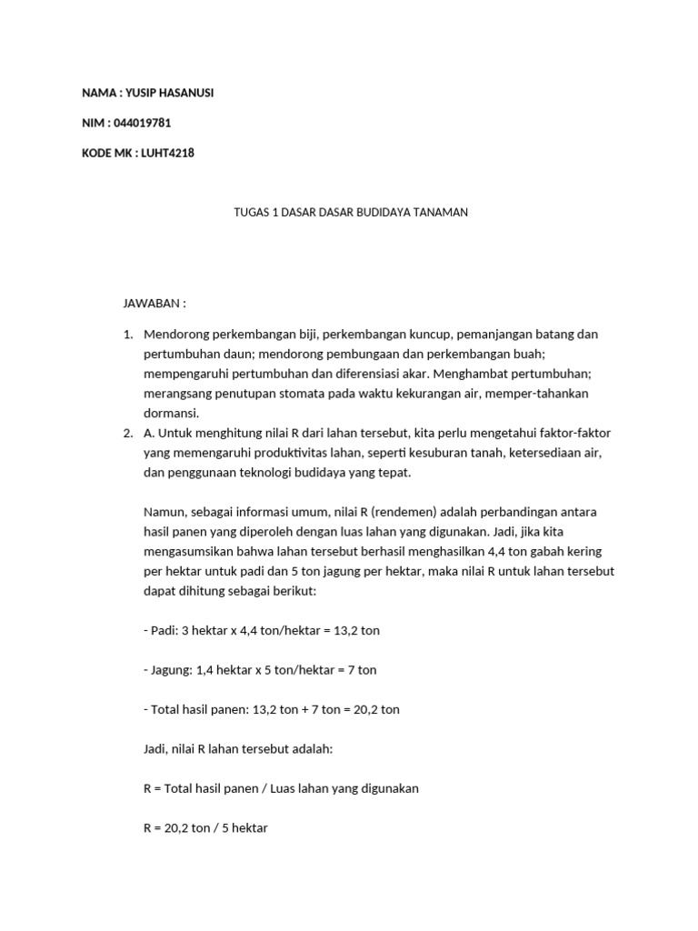 Tugas 1 Dasar Dasar Budidaya Tanaman | PDF | Teknologi & Rekayasa