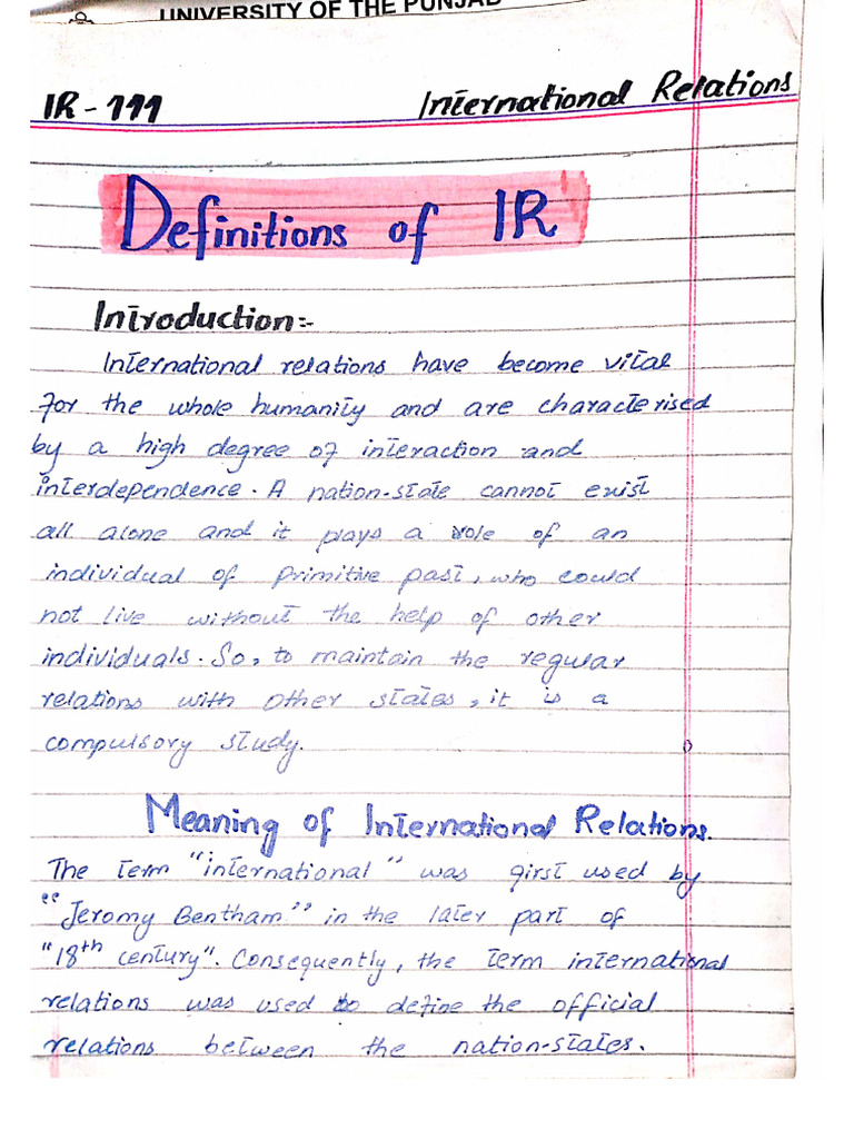 Definitions of IR Handwritten Notes by ItX Mughal | PDF