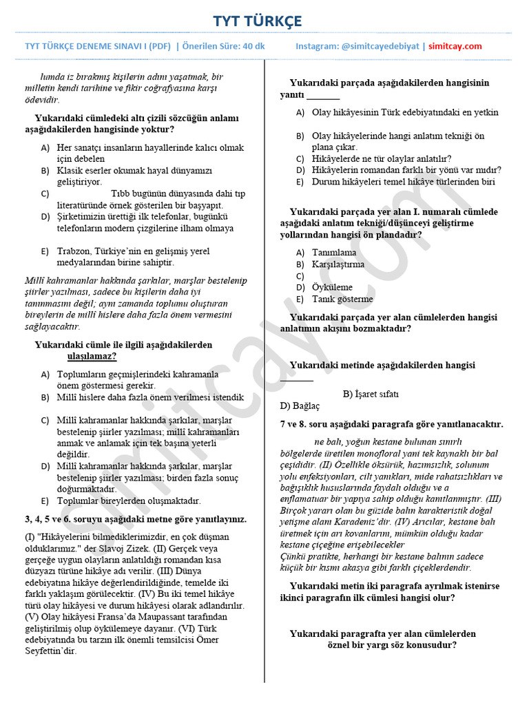 Tyt Turkce Deneme | PDF