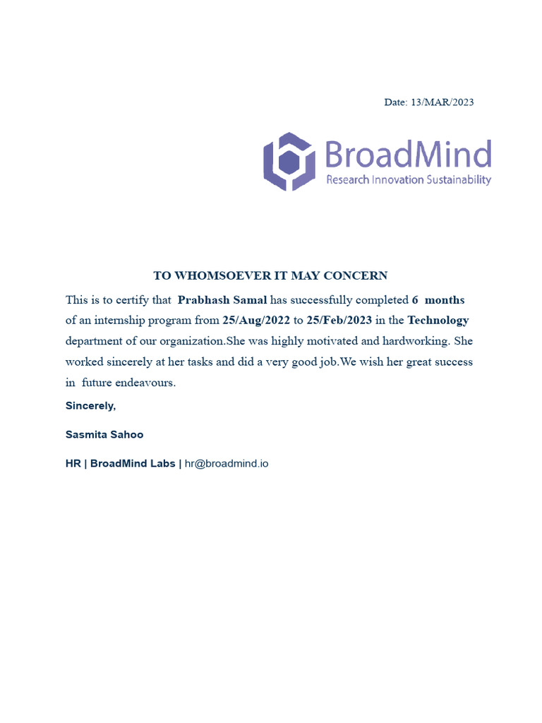 Internship Confirmation Letter - Prabhash | PDF