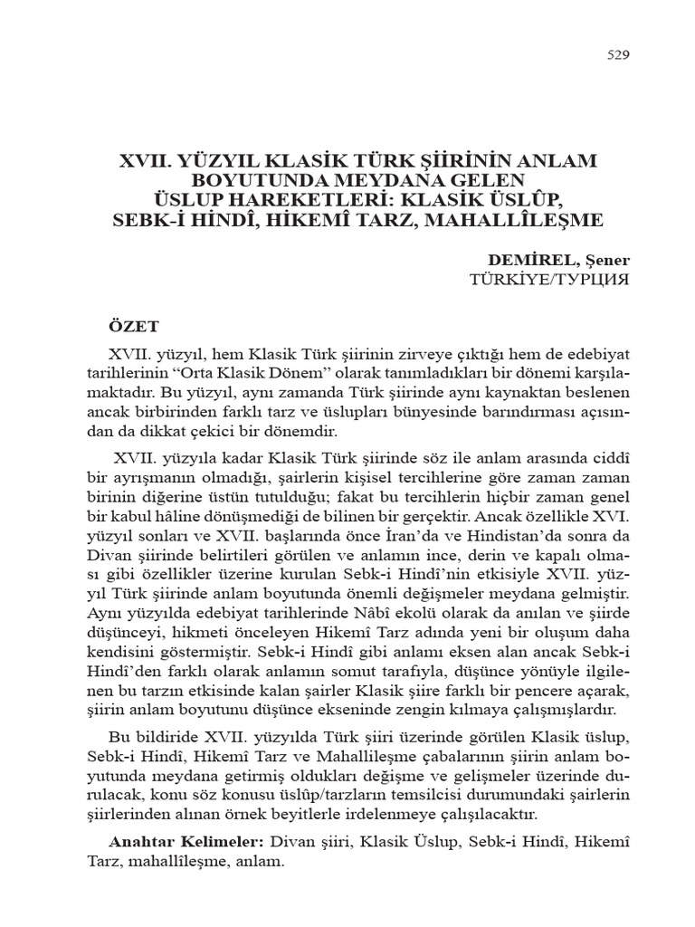 Xvii. Yüzyil Klasik Türk Şiirinin Anlam Boyutunda Meydana Gelen Üslup ...