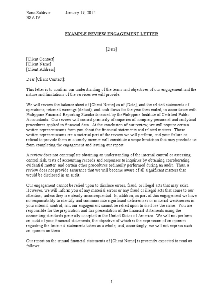Sample Review Engagement Letter | PDF | Audit | Financial Statement