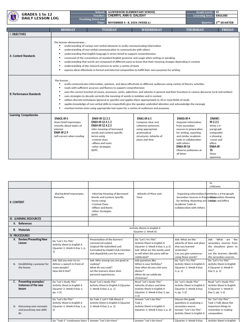 Grade 6 English Lesson Plan | PDF | Reading Comprehension | English ...