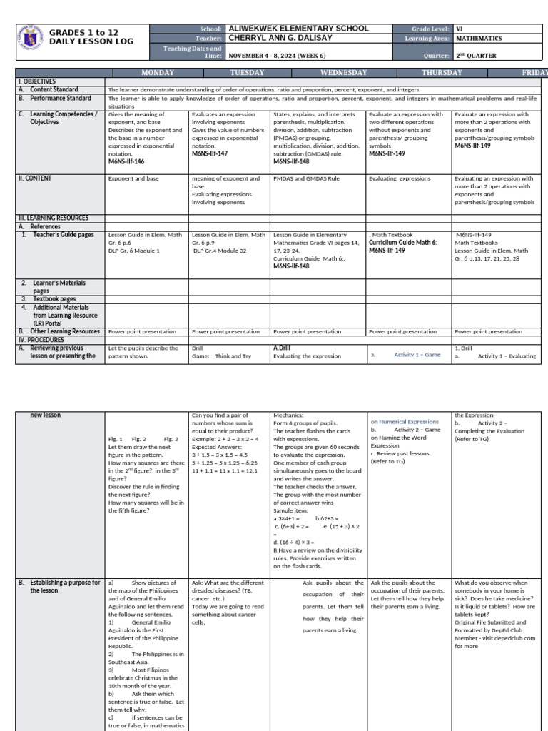 DLL Mathematics 6 q2 w6 | PDF | Exponentiation | Multiplication