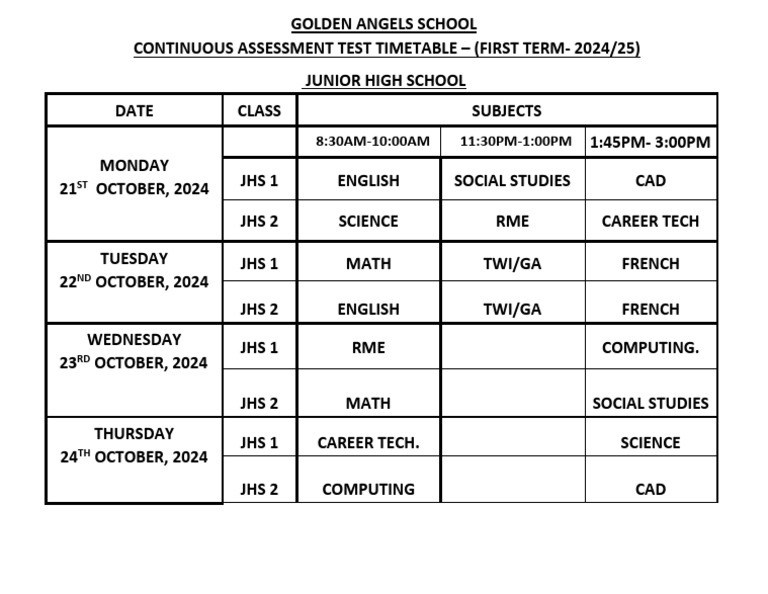 JHS 2024/25 Exam Schedule | PDF