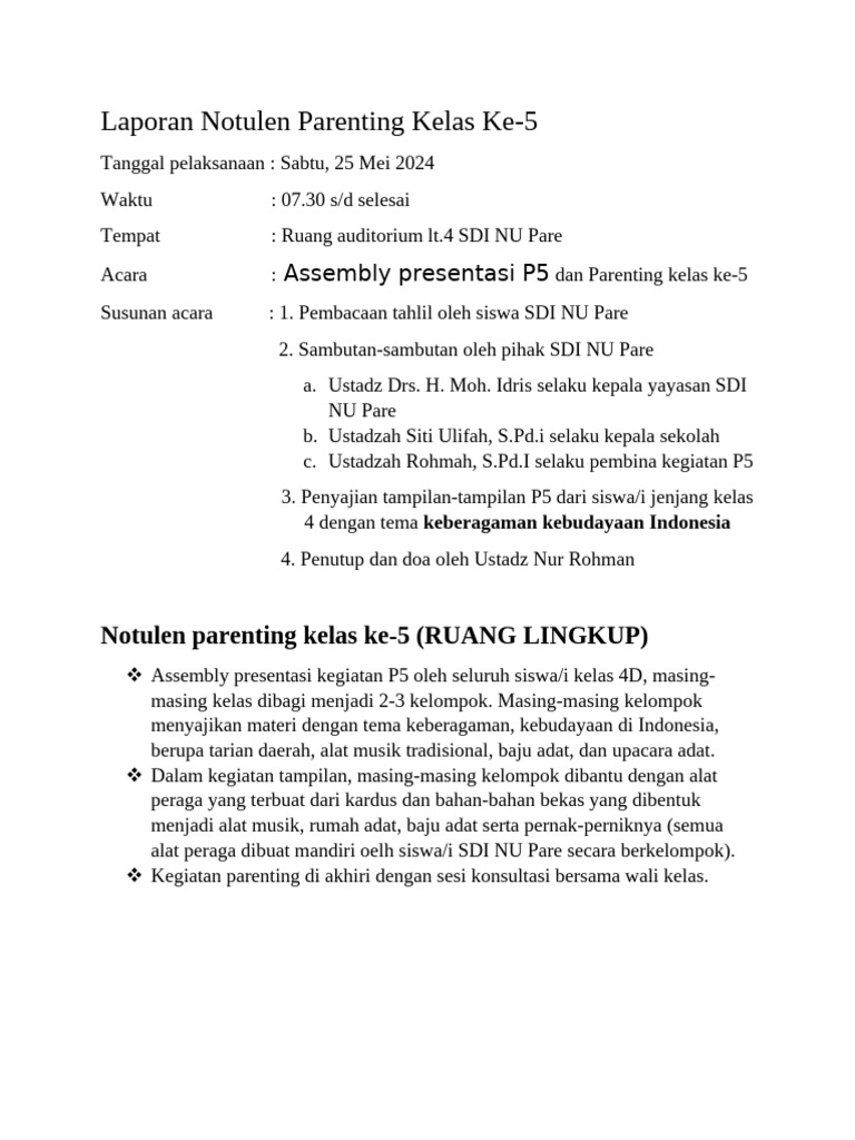 Notulen Parenting Kelas 5 SDI NU Pare | PDF
