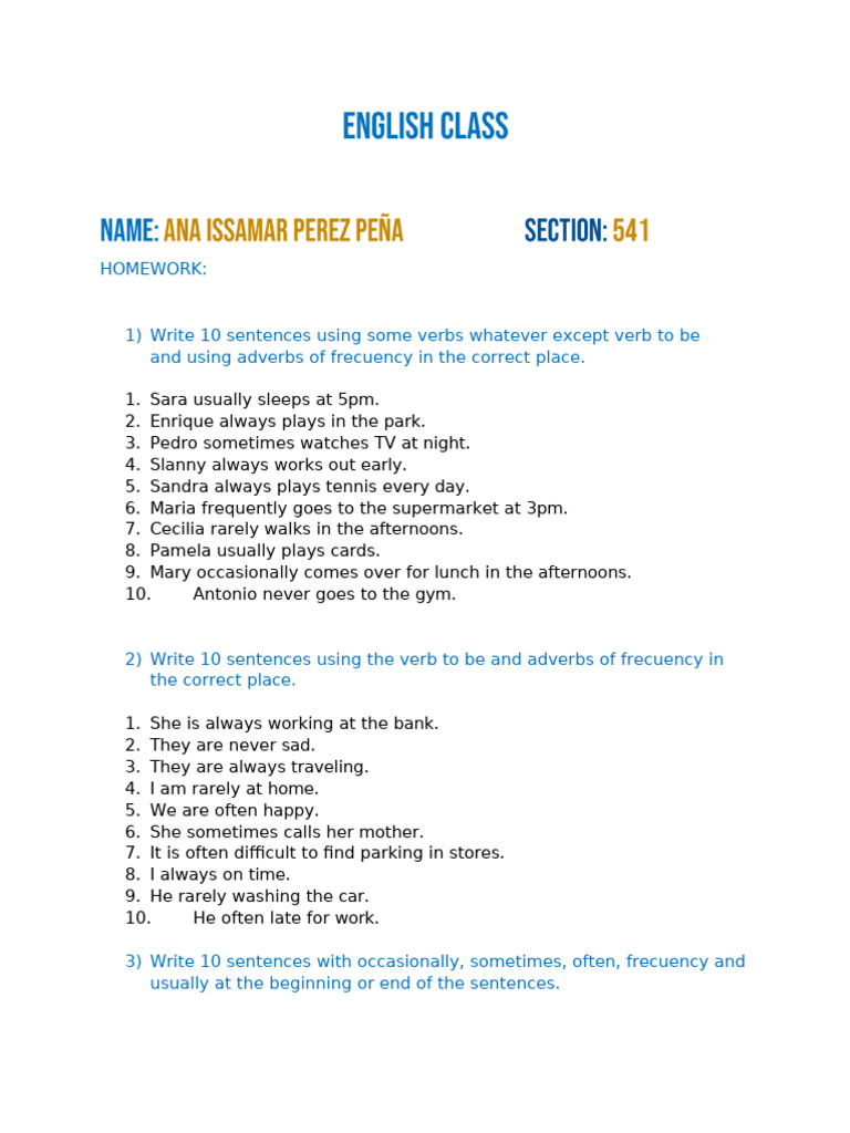 6TH. Homework and 6TH. Practice. Adverbs of Frecuency | PDF
