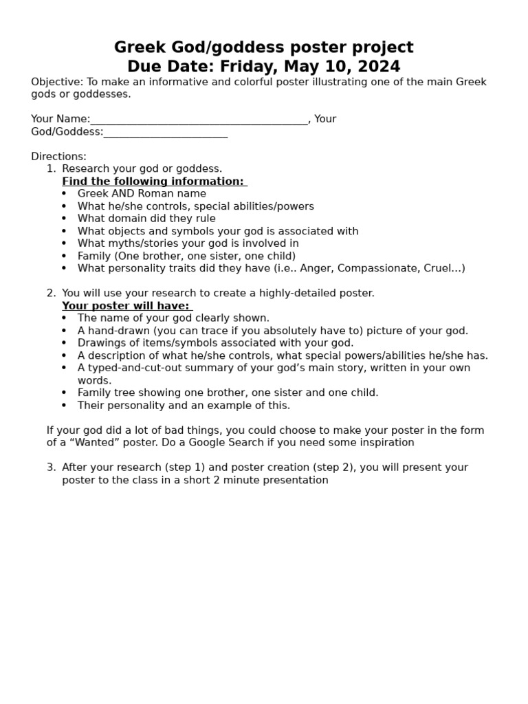 Greek God/Goddess Poster Project Guide | PDF | Hera | Zeus