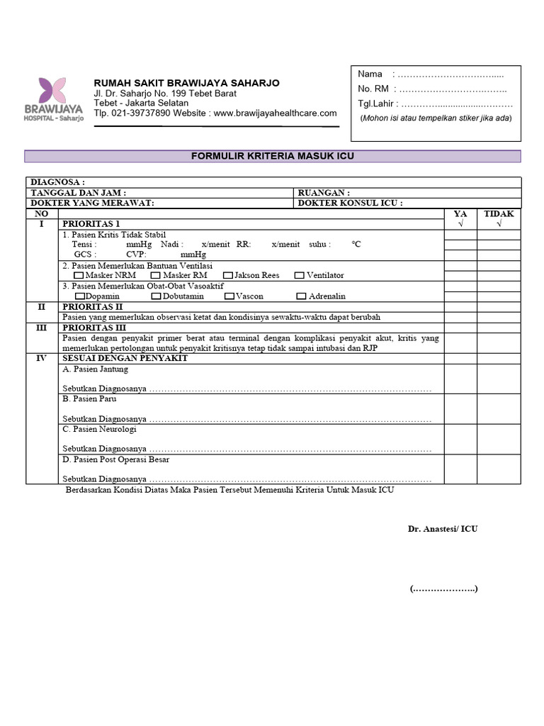 Formulir Kriteria Masuk ICU | PDF