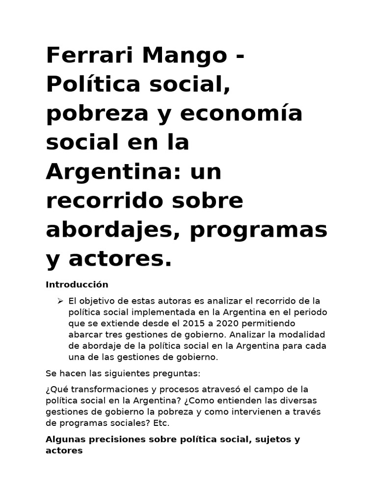 Ferrari Mango - Socio Del Trabajo | PDF | Politica social | Desempleo