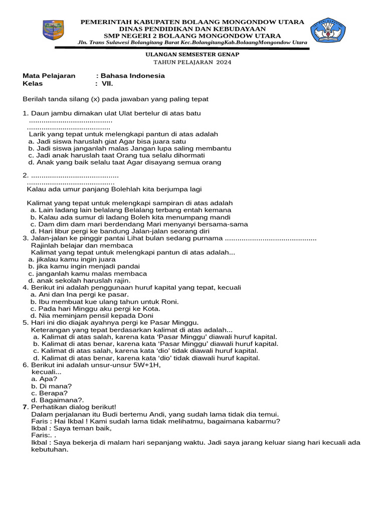 Soal BIndo 7 | PDF | Kajian Bahasa Asing | Puisi