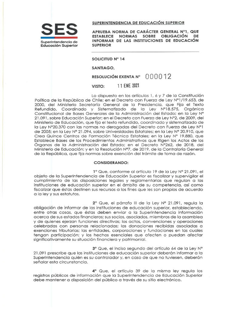 Rex 12 2021 Norma de Caracter General | PDF