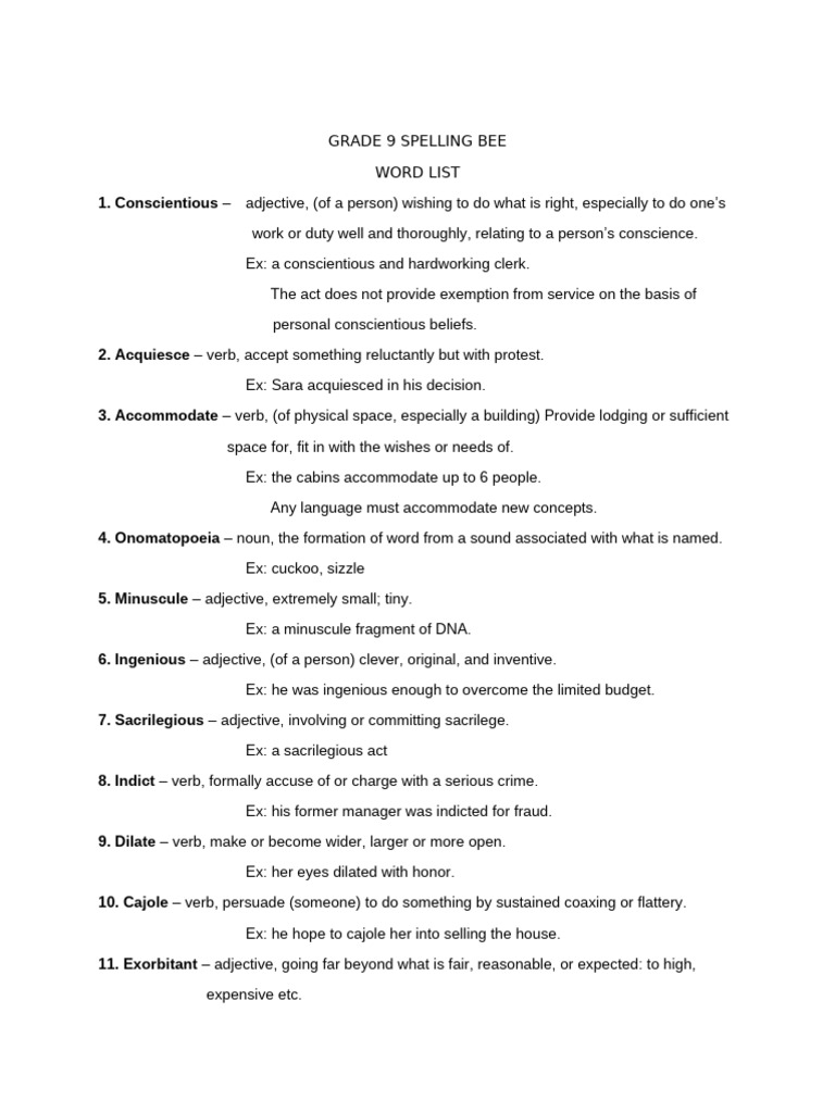 Grade 9 Spelling Bee - Word List | PDF | Adjective | Noun