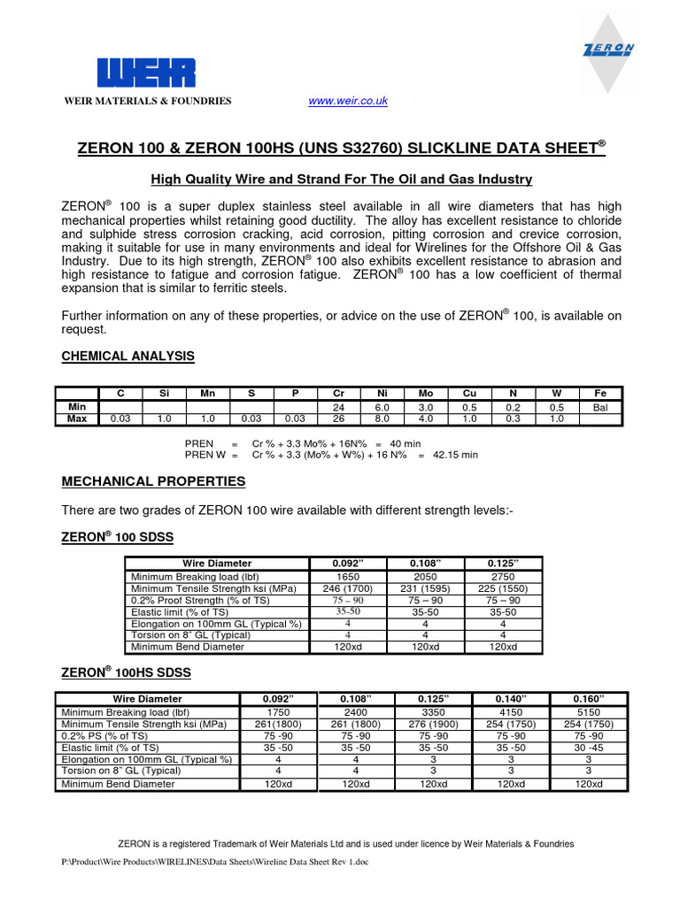 Zeron 100 Slickline Data Sheet - 241004 - 160453 | PDF | Materials ...