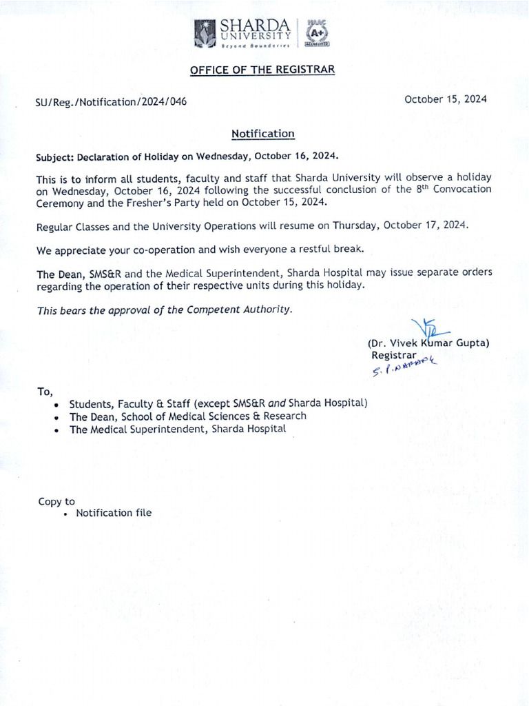 SU Reg Notification 2024 046 University Will Close On Wednesday 16-10 ...