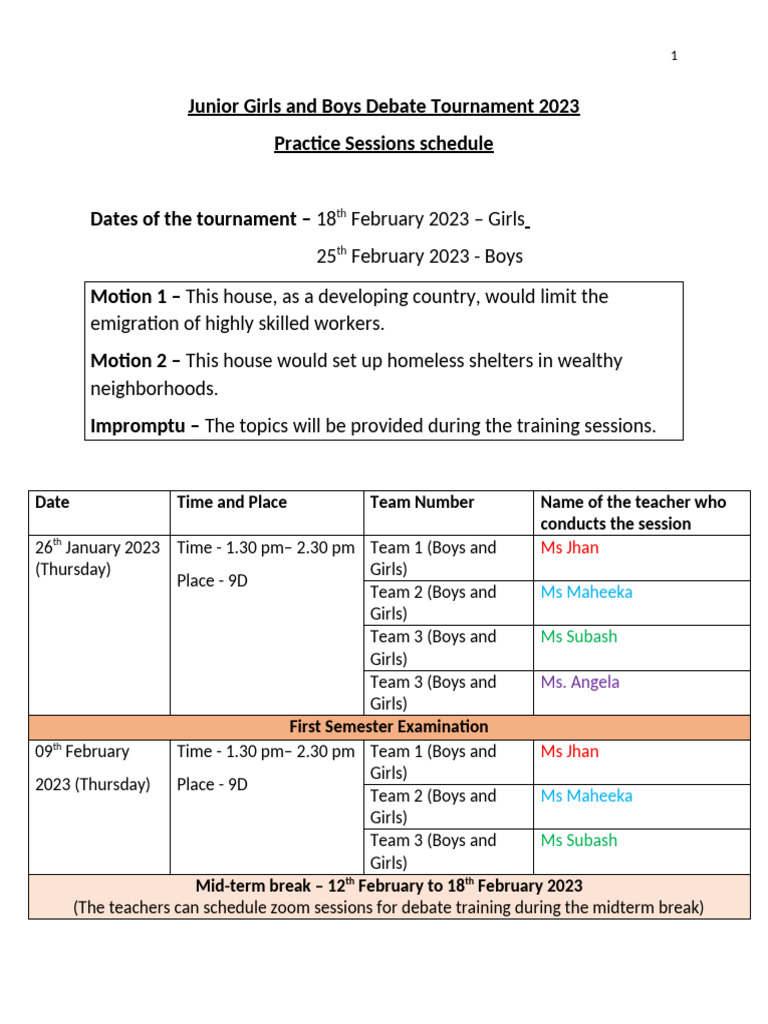2023 Junior Debate Tournament Schedule | PDF