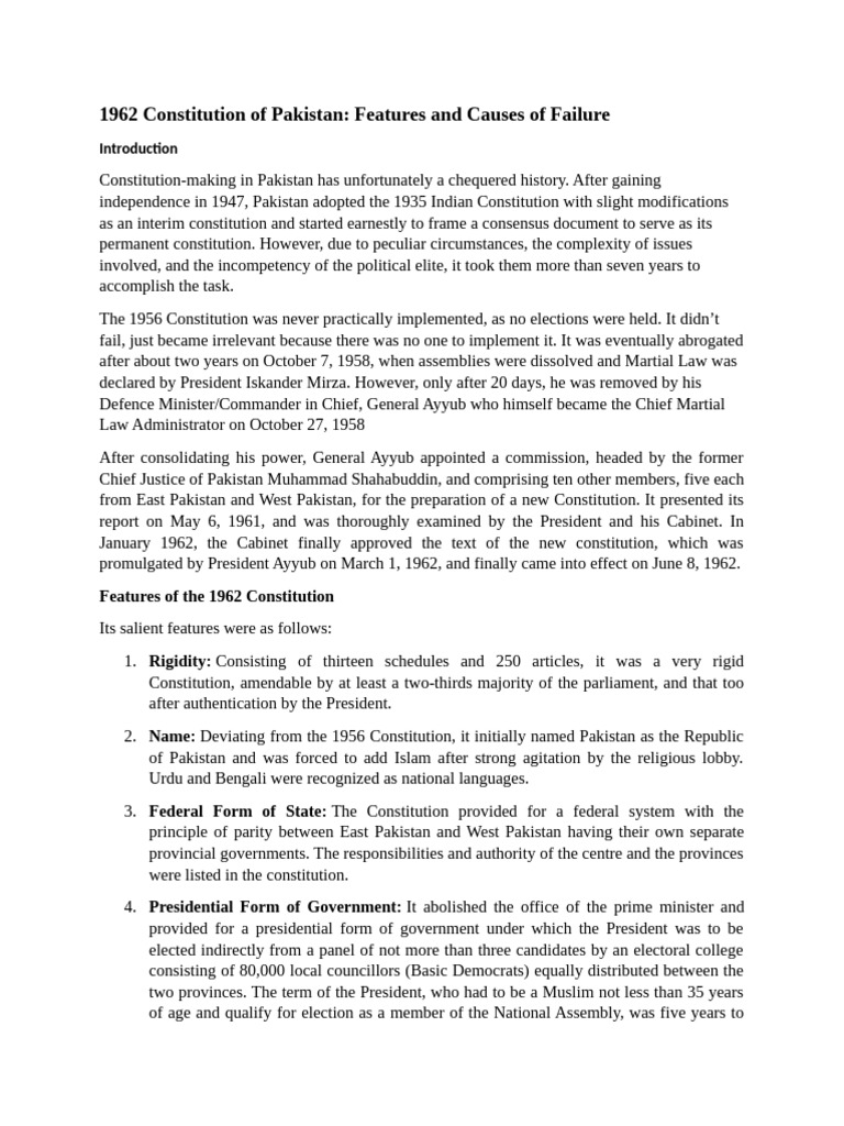 1962 Pakistan Constitution: Features & Failures | PDF | Governance ...