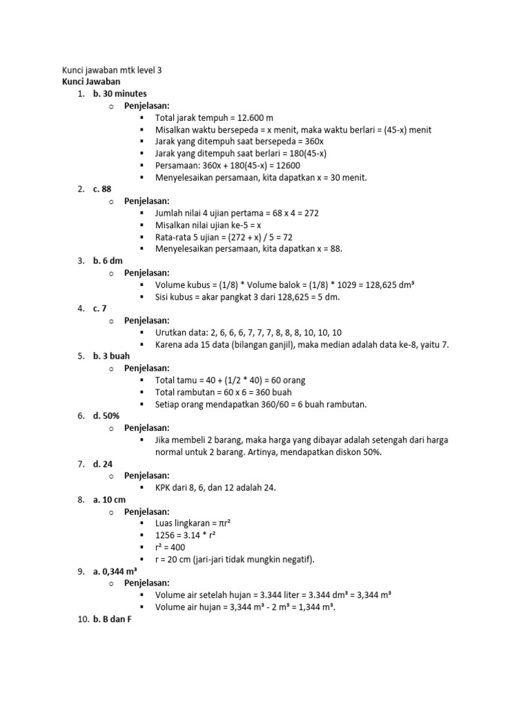 Kunci Jawaban MTK Level 3 | PDF | Griya & Taman