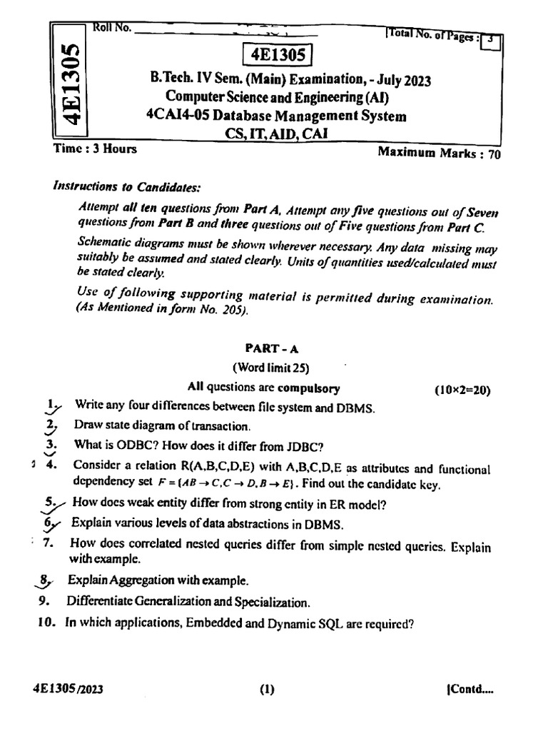 Btech Cai Cs It Aid 4 Sem Database Management System 4e1305 Jul 2023 | PDF