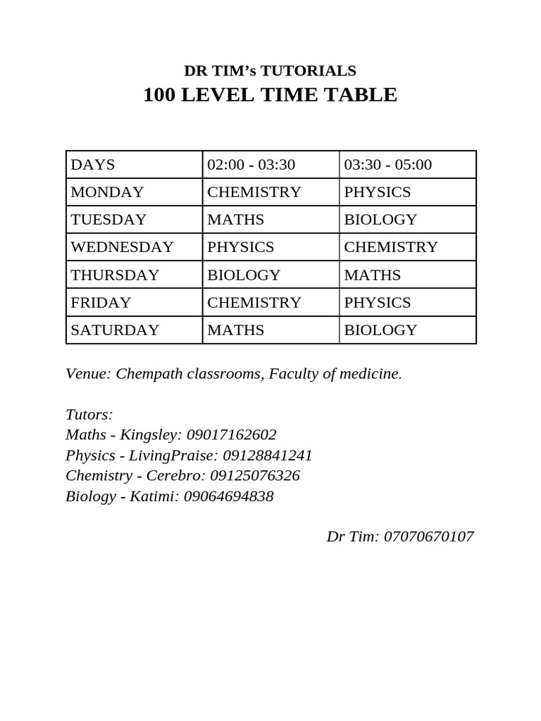 100L Timetable - DR Tim's Tutorials | PDF | Wellness