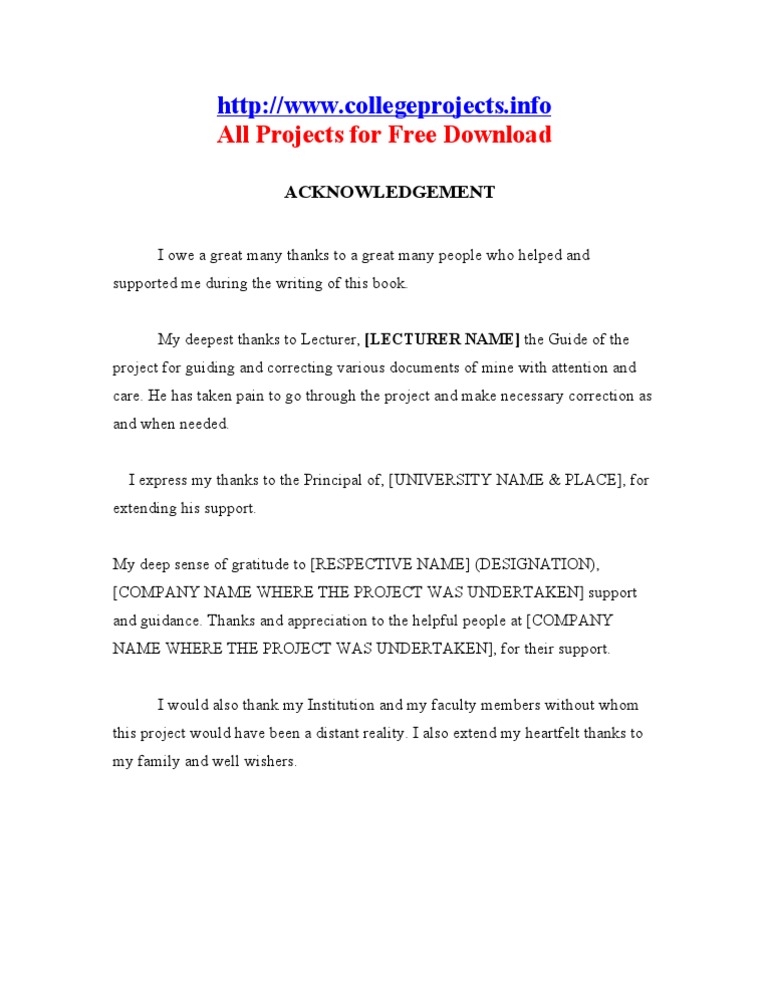 Acknowledgement Format For The Project | PDF | Career & Growth