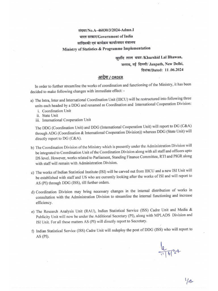 Restructuring of Divisions of MoSPI - 11062024 | PDF