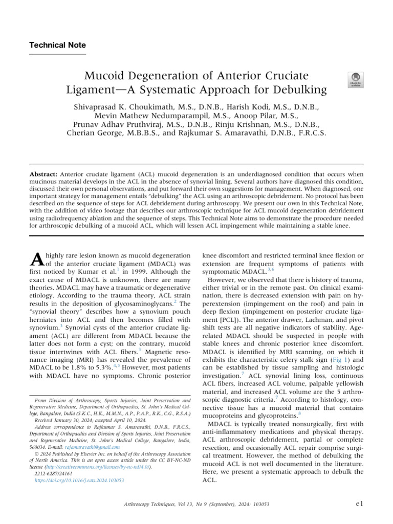 Mucoid Degeneration of Anterior Cruciate Ligament—A Systematic Approach ...
