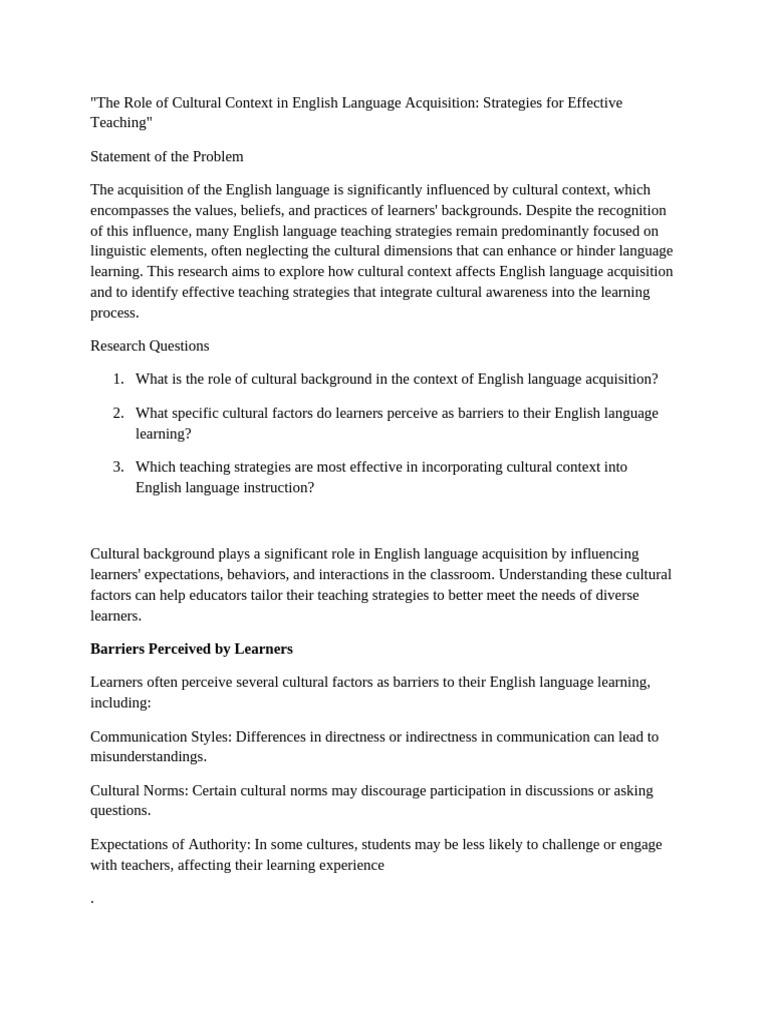 The Role of Cultural Context in English Language AcquisitionRRRRR | PDF ...