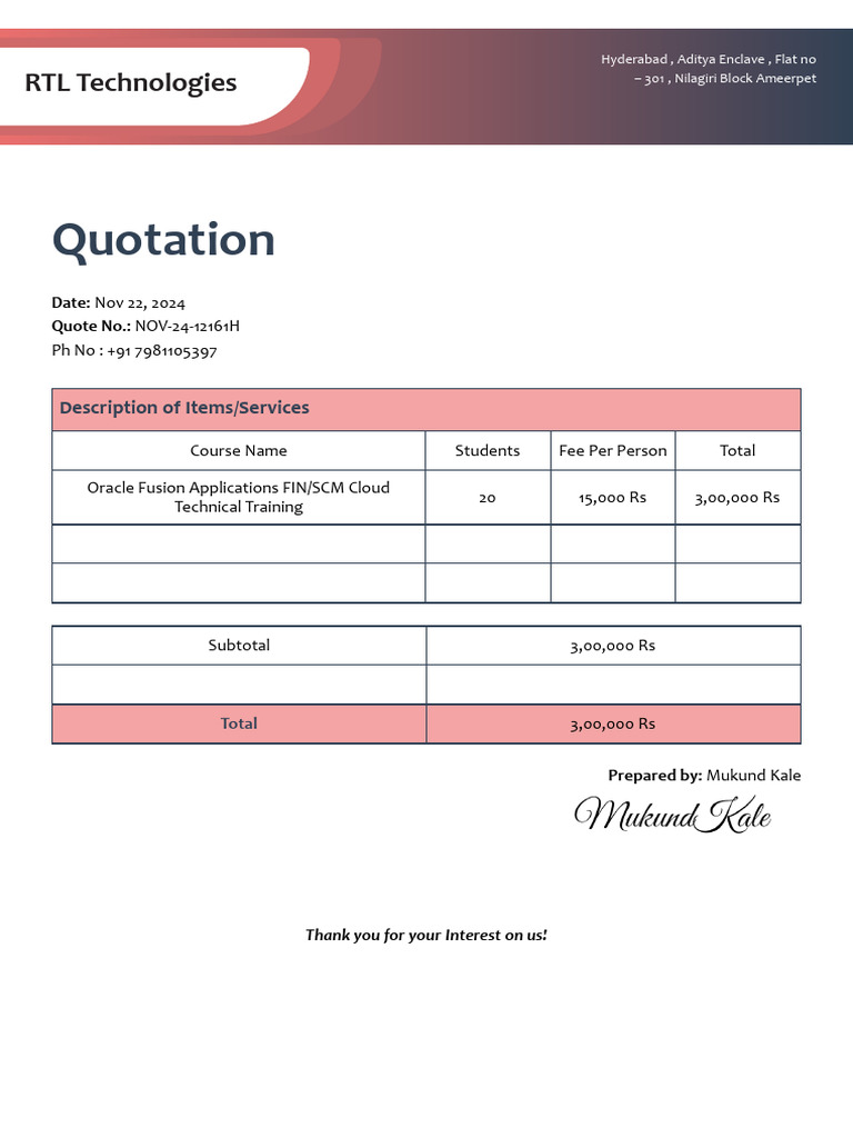 Fusion Technical Training Quotation | PDF