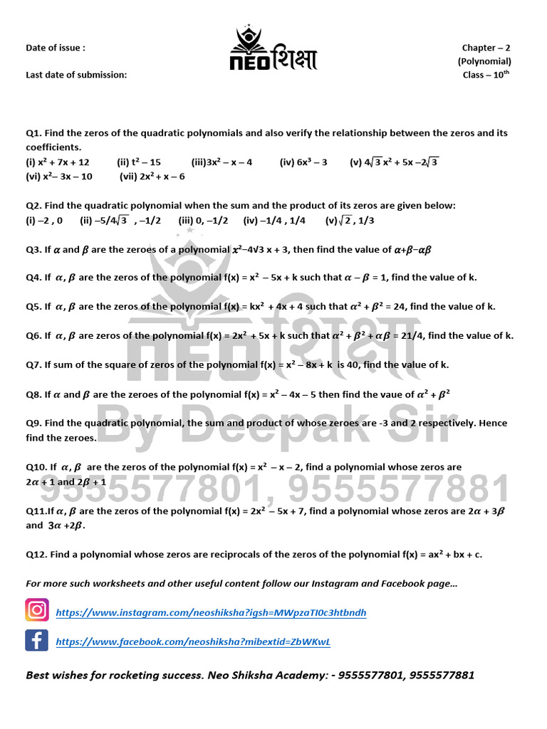Neo Shiksha Math CH 2 Polynomials | PDF