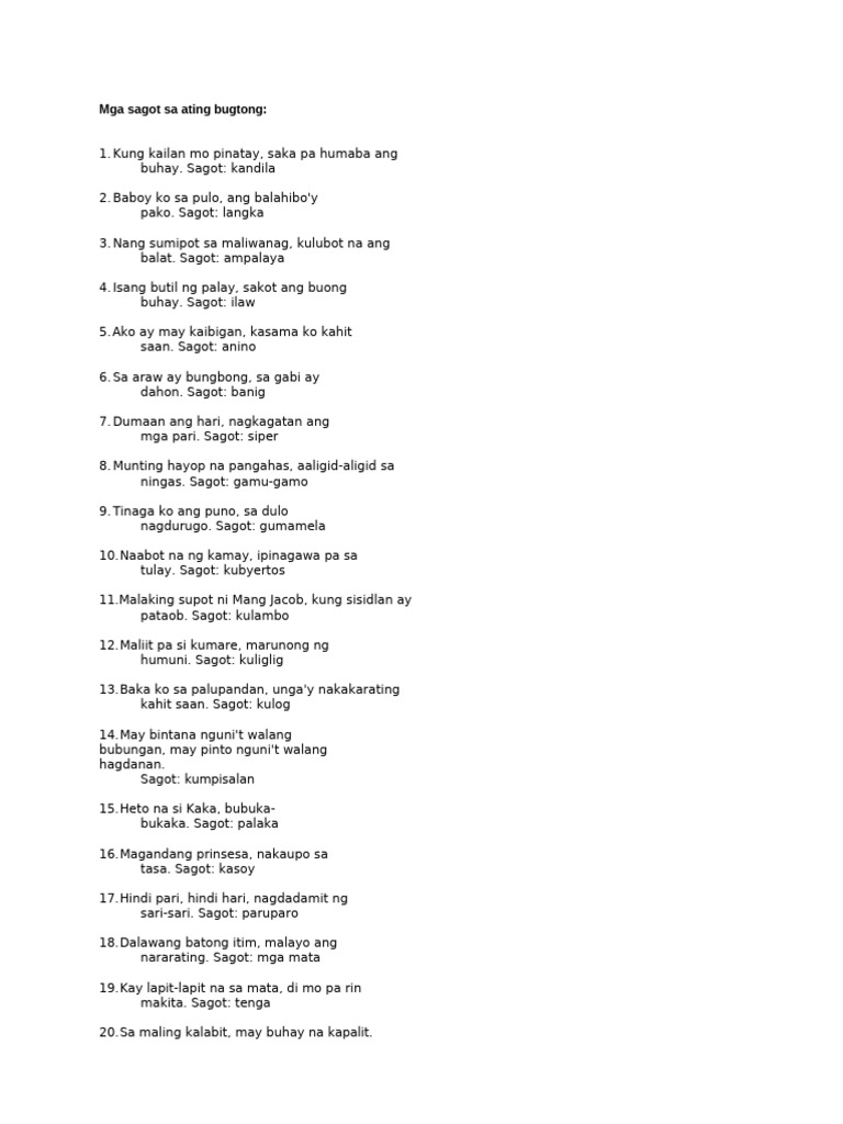Mga Sagot Sa Ating Bugtong PDF Free | PDF