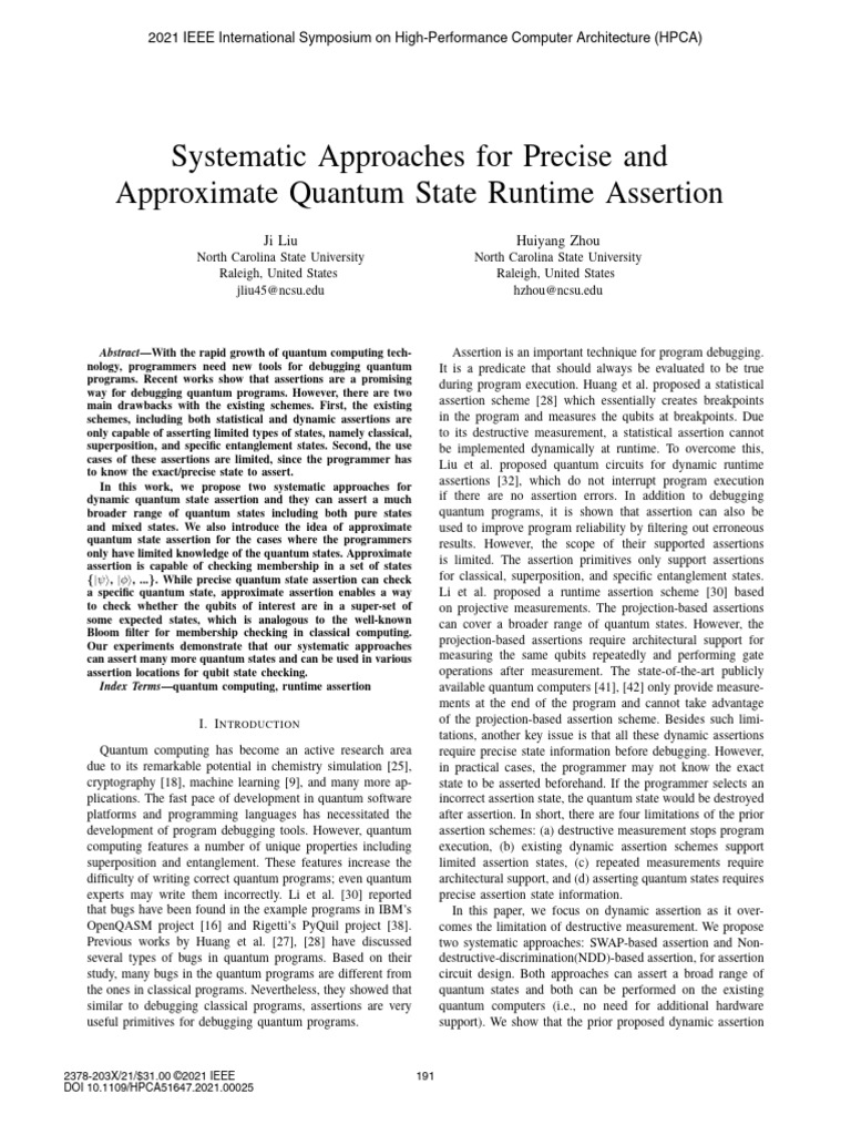 Systematic Approaches For Precise and Approximate Quantum State Runtime Assertion | PDF ...