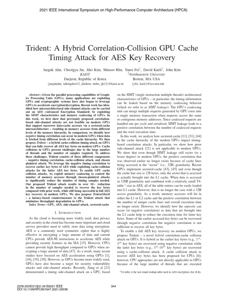 Trident: A Hybrid Correlation-Collision GPU Cache Timing Attack For AES Key Recovery | PDF | Cpu ...