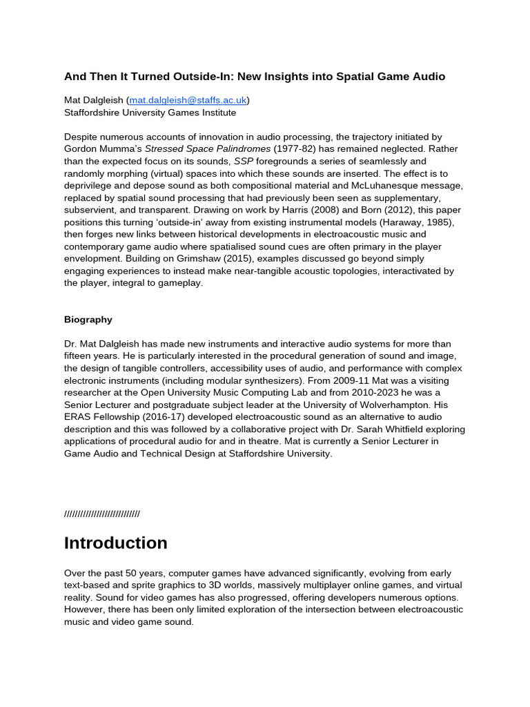 And Then It Turned Outside-In - New Insights Into Spatial Game Audio 0.4 | PDF | Sound